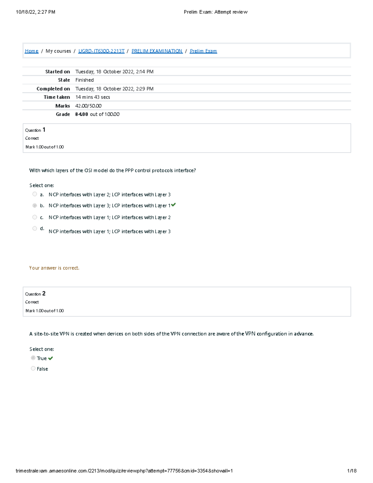 Prelim Exam Attempt review - Home / My courses / UGRD-IT6300-2213T / PRELIM EXAMINATION / Prelim ...