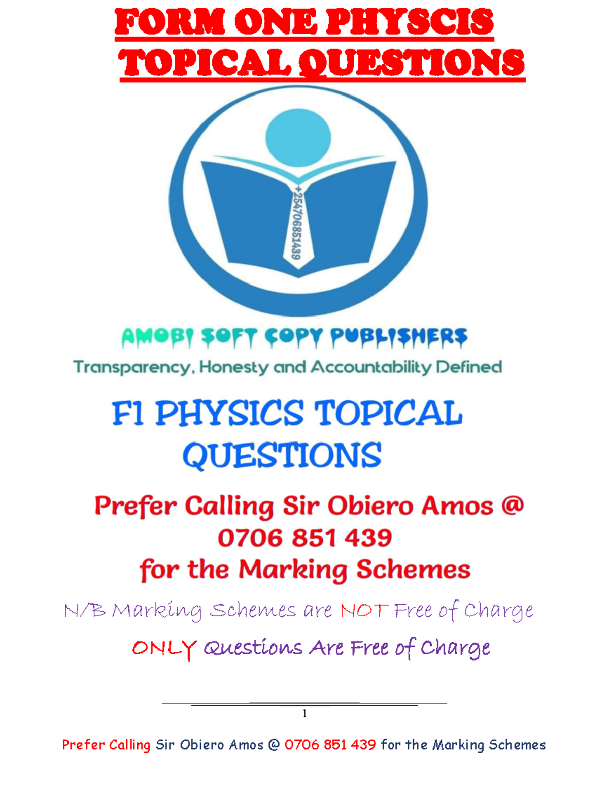 FORM ONE Question - need more assignment - 1 Prefer Calling Sir Obiero ...