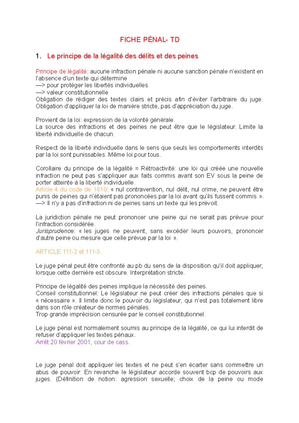 Fiche PÉNAL - Classification des infractions pénales, structure des ...