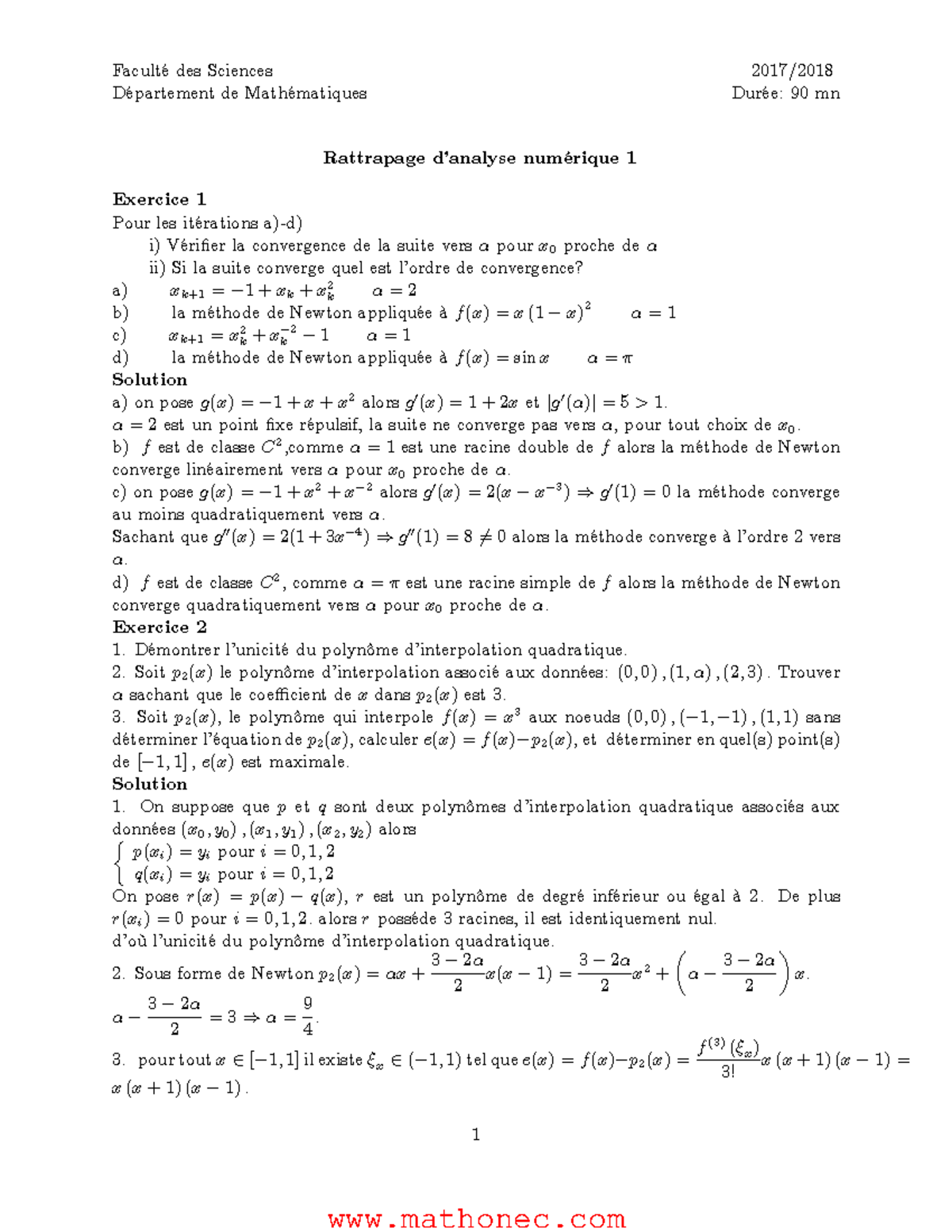 Sujet corrige Ratt Analyse-Numerique-1 17-18 - FacultÈ des Sciences 2017/ DÈpartement de - Studocu