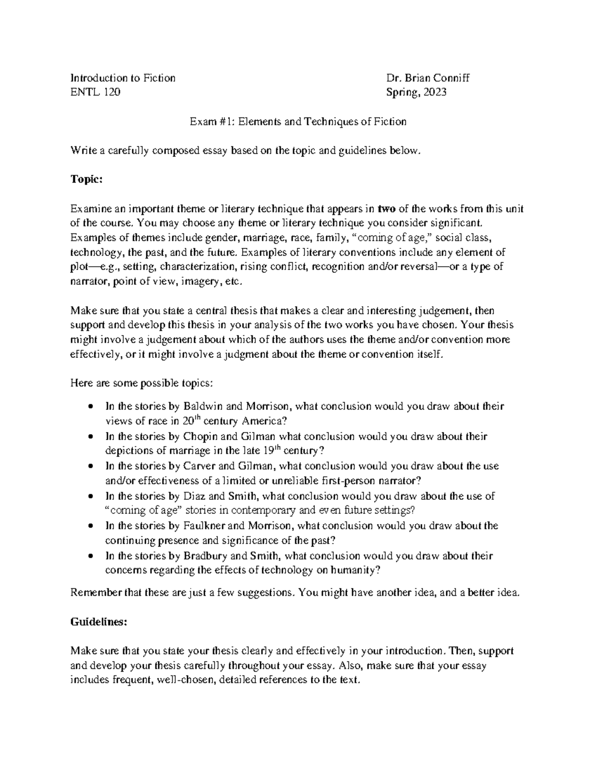 ENLT 120 Exam 1 Spring 2023 - Introduction to Fiction Dr. Brian Conniff ...