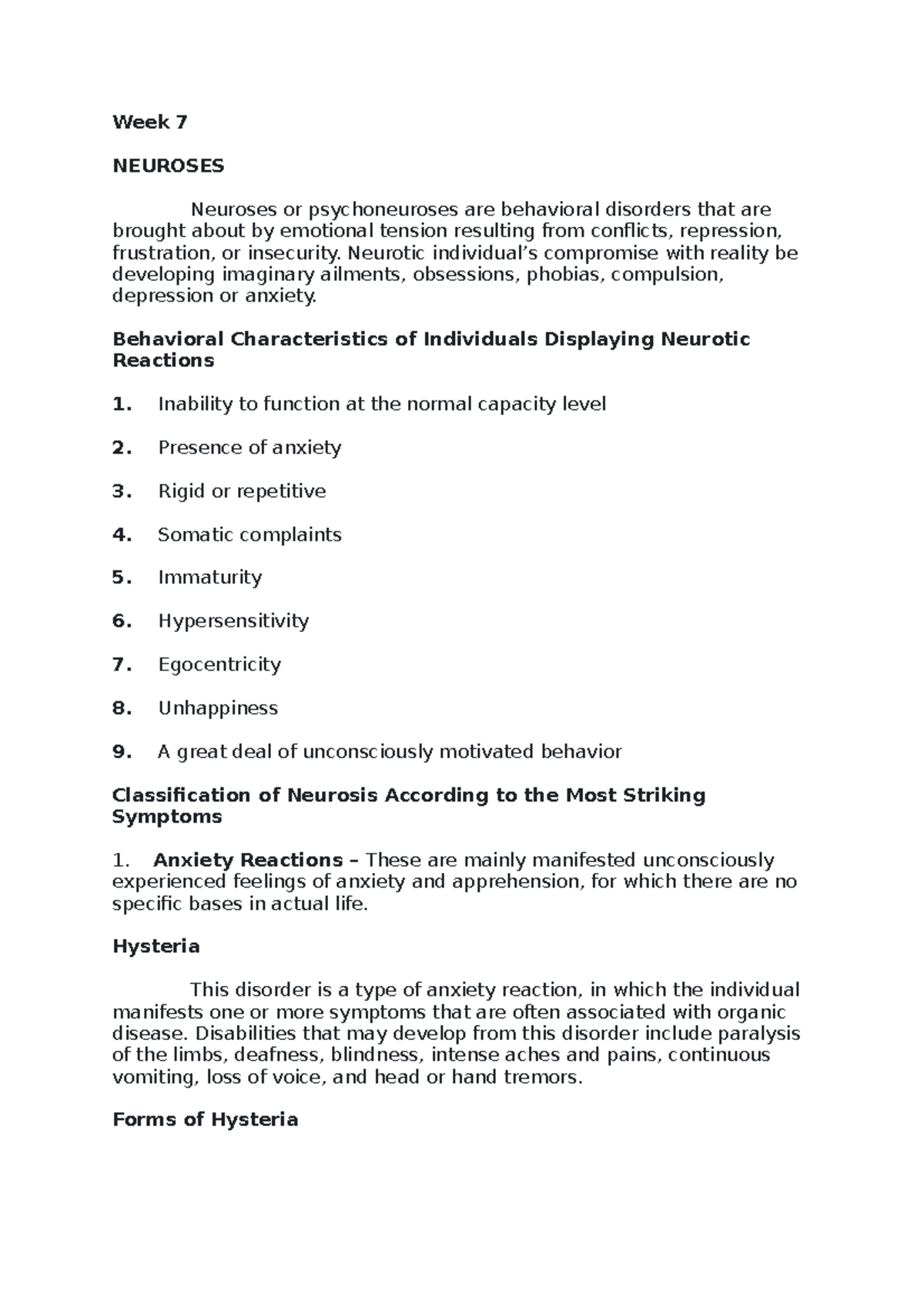 Week-7- Neuroses - Week 7 NEUROSES Neuroses or psychoneuroses are ...