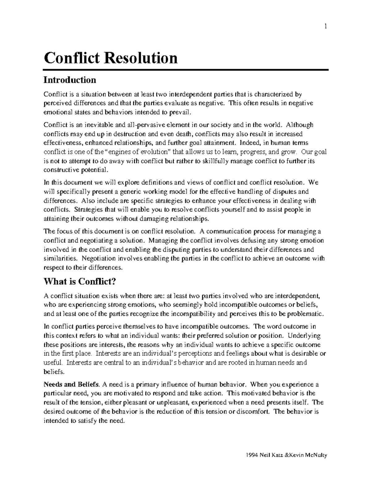 Conflict Notes - Grade: C+ - Conflict Resolution Introduction Conflict ...