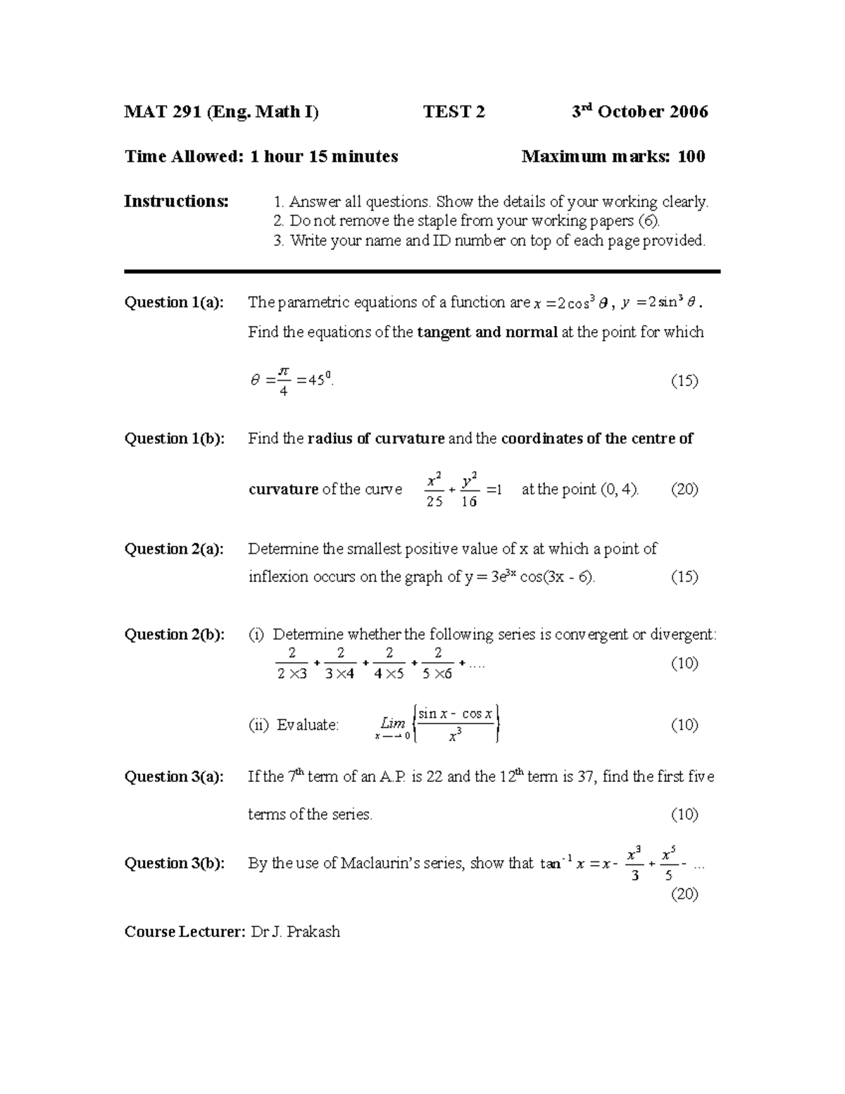 MAT 291 Test Paper Test 2 Engineering Mathematics UB Studocu