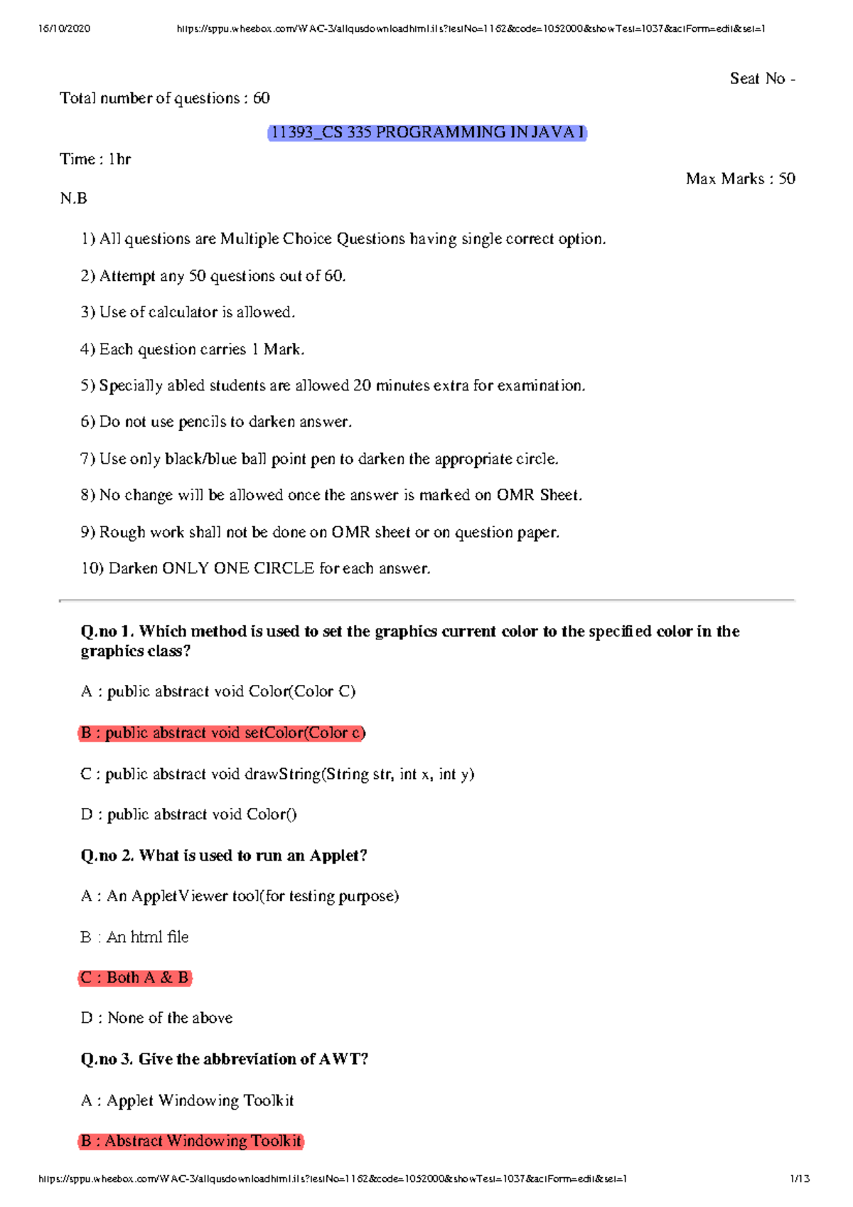 11393 CS 335 Programming IN JAVA - Total number of questions : 60 Seat ...