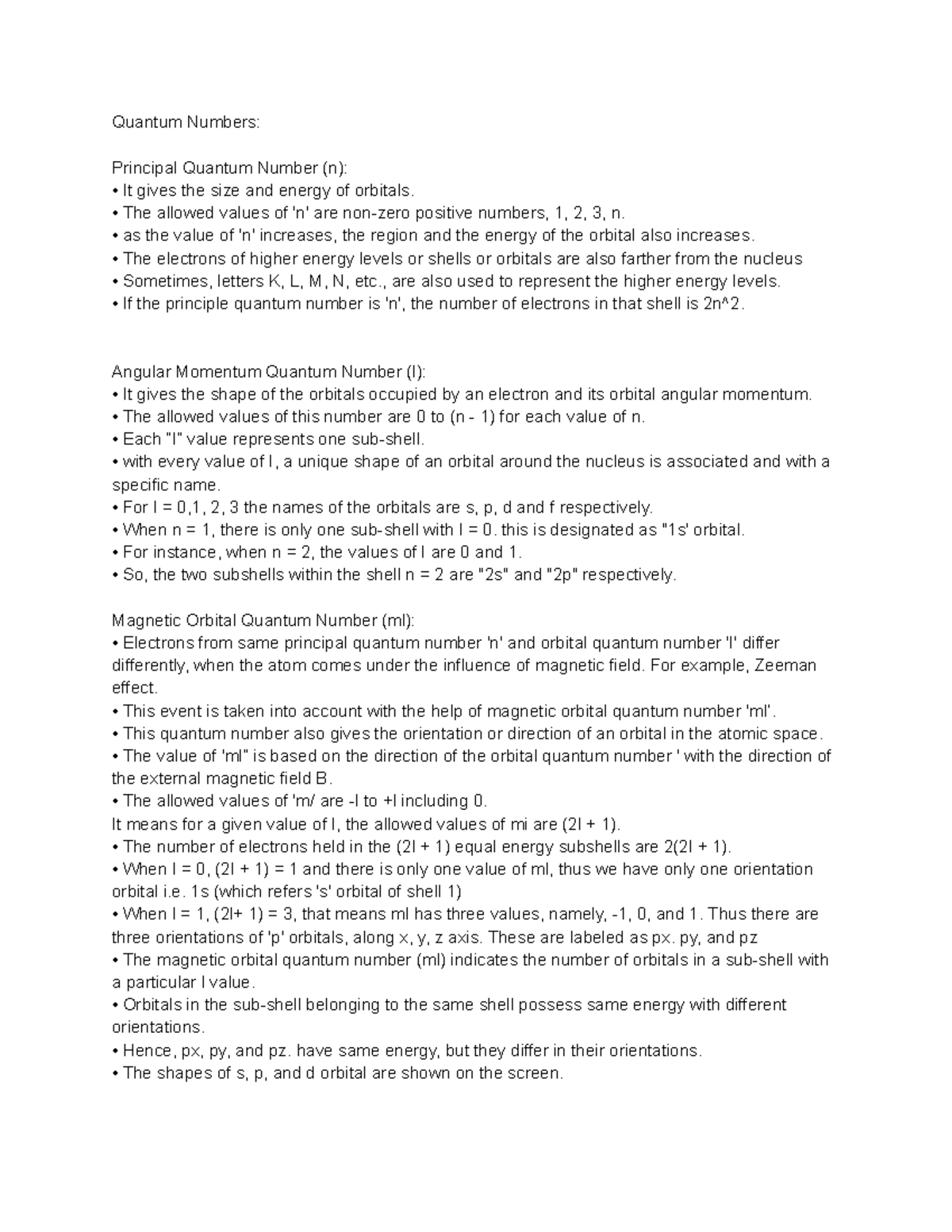 Notes SCI Quantum Physics - Quantum Numbers: Principal Quantum Number ...