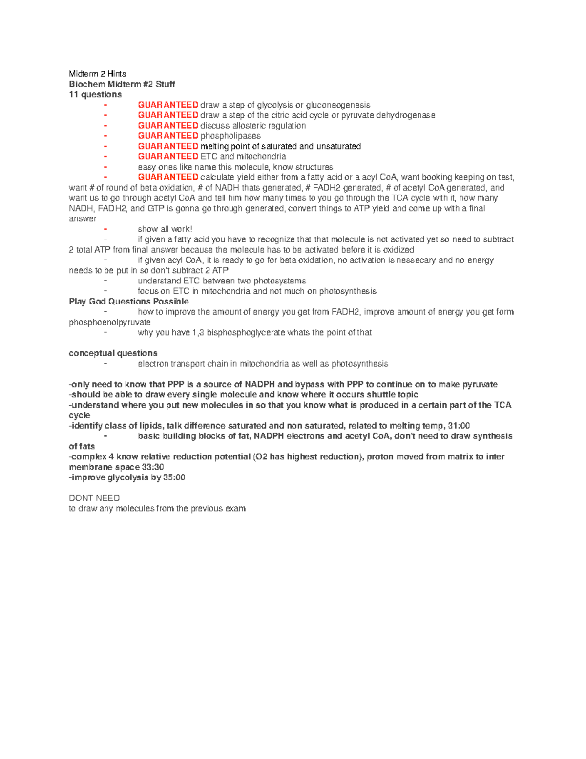 Midterm 2 Hints - Lecture notes 23 - Midterm 2 Hints Biochem Midterm #2 ...