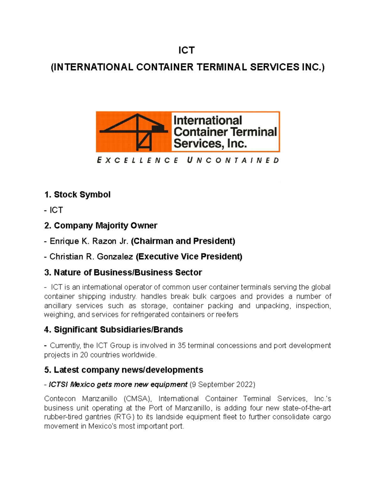 ICT - Financial Management - ICT (INTERNATIONAL CONTAINER TERMINAL ...