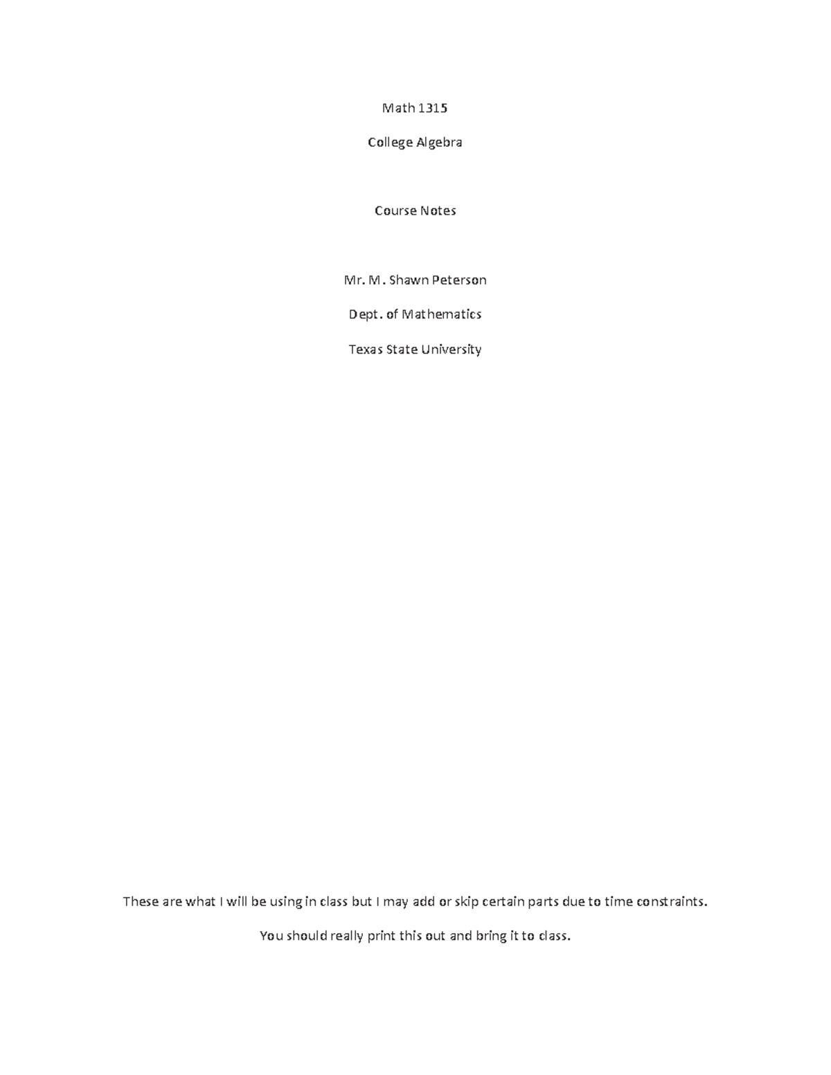 1315 Course Notes Fall 2024 (Blitzer) - Math 1315 College Algebra ...