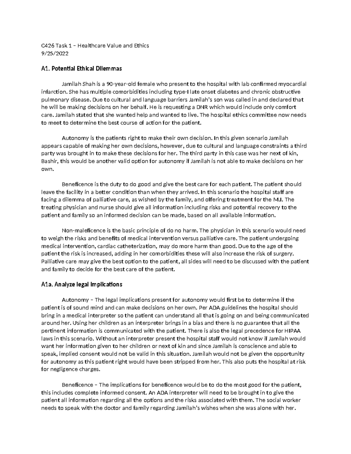 C426 Task 1 Passed - C426 Task 1 – Healthcare Value and Ethics 9/25/ A1 ...