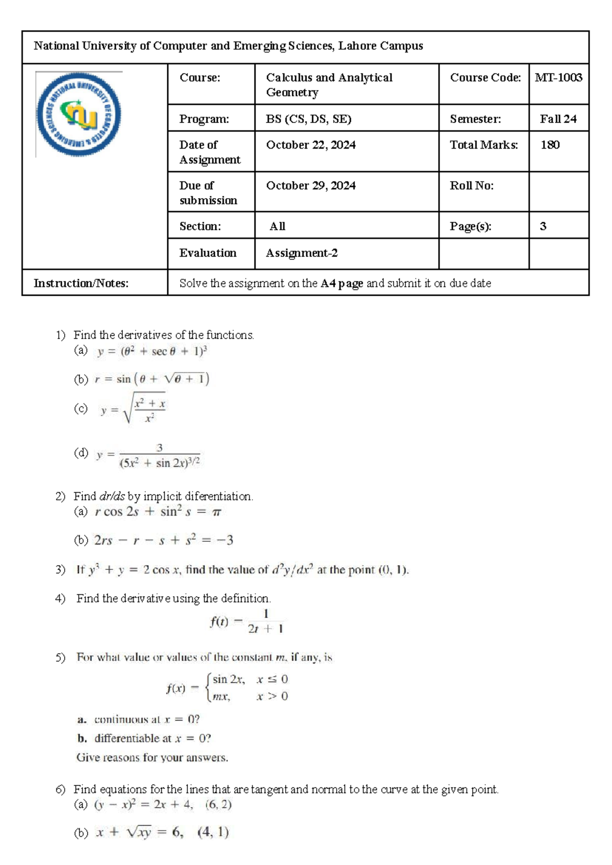 Assignment-2 MT-1003 - calculus assignment 2 - National University of ...