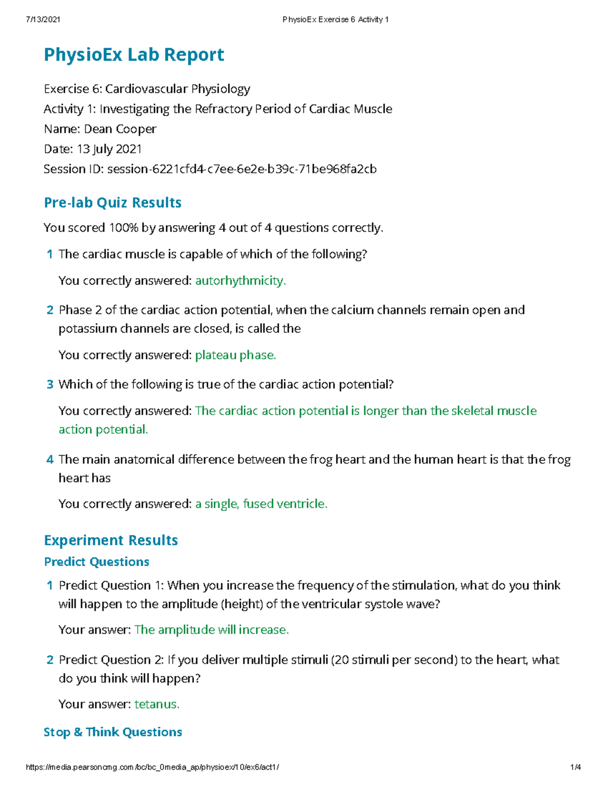 Physio Ex Exercise 6 Activity 1 - PhysioEx Lab Report Exercise 6: Cardiovascular Physiology ...