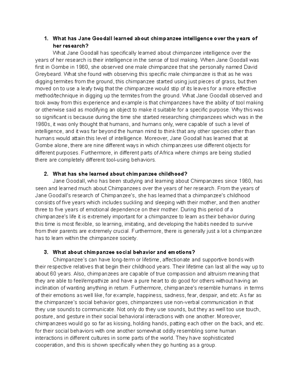 ANTH 1 Assignment on Primates - What has Jane Goodall learned about ...