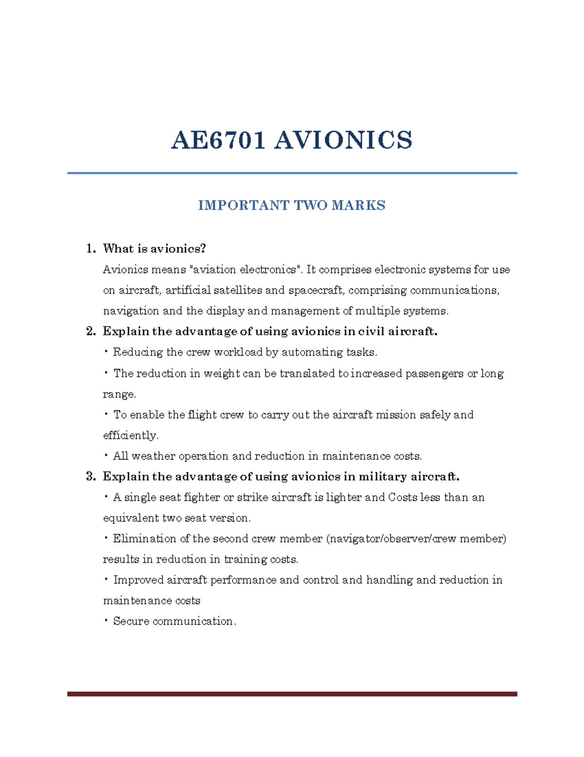 Avionics 2 Marks-1 - Notes - AE6701 AVIONICS IMPORTANT TWO MARKS What ...