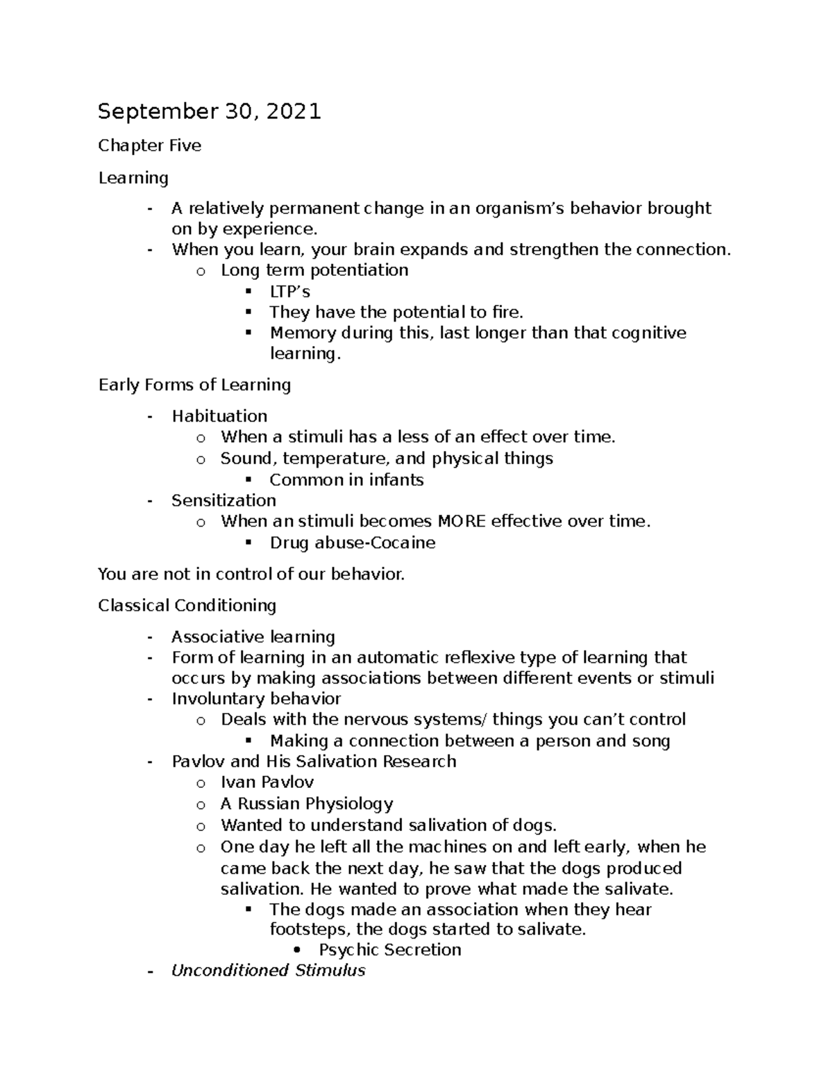 Learning - notes - September 30, 2021 Chapter Five Learning A ...