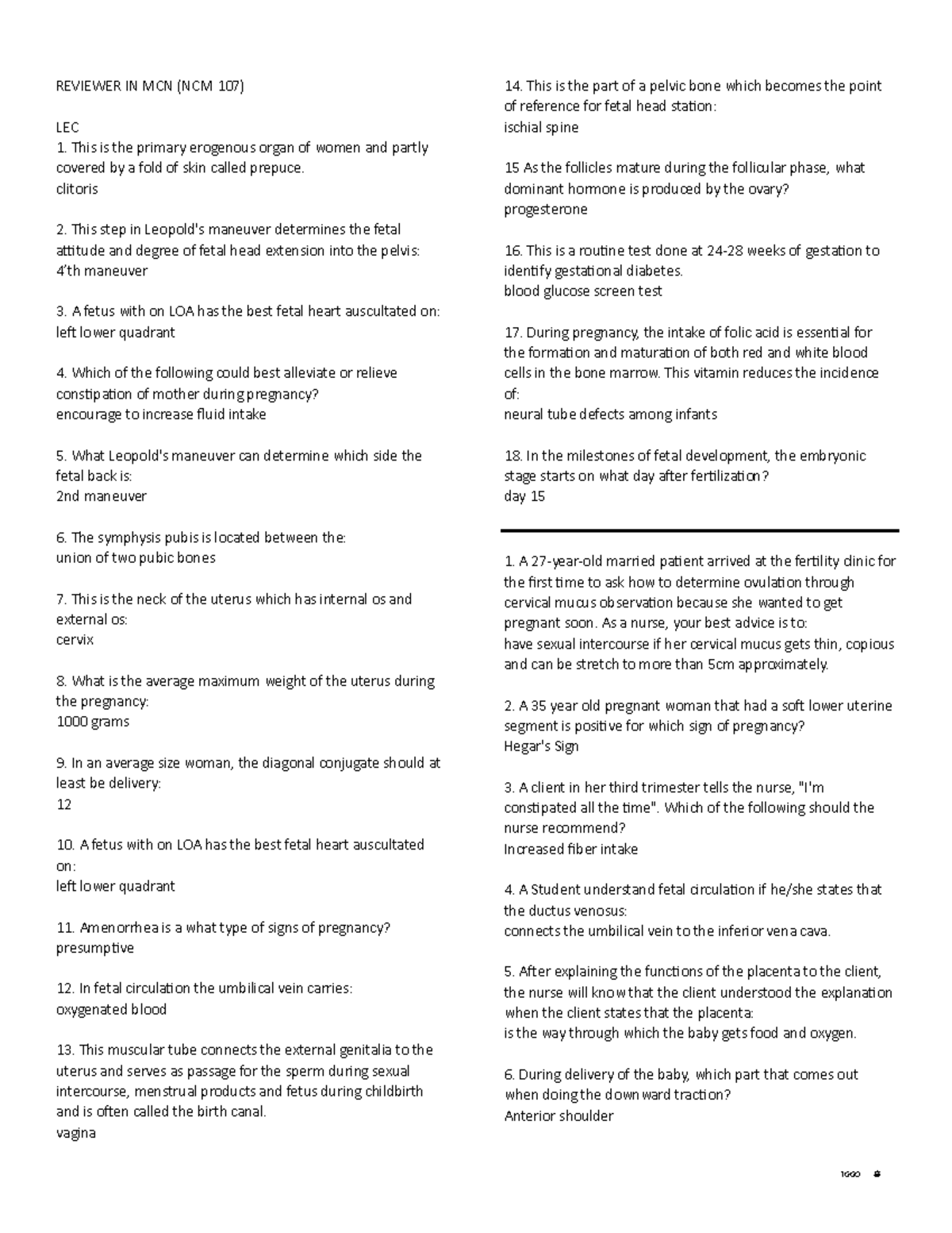 Reviewer IN MCN Finals - Summary Nursing - REVIEWER IN MCN (NCM 107 ...