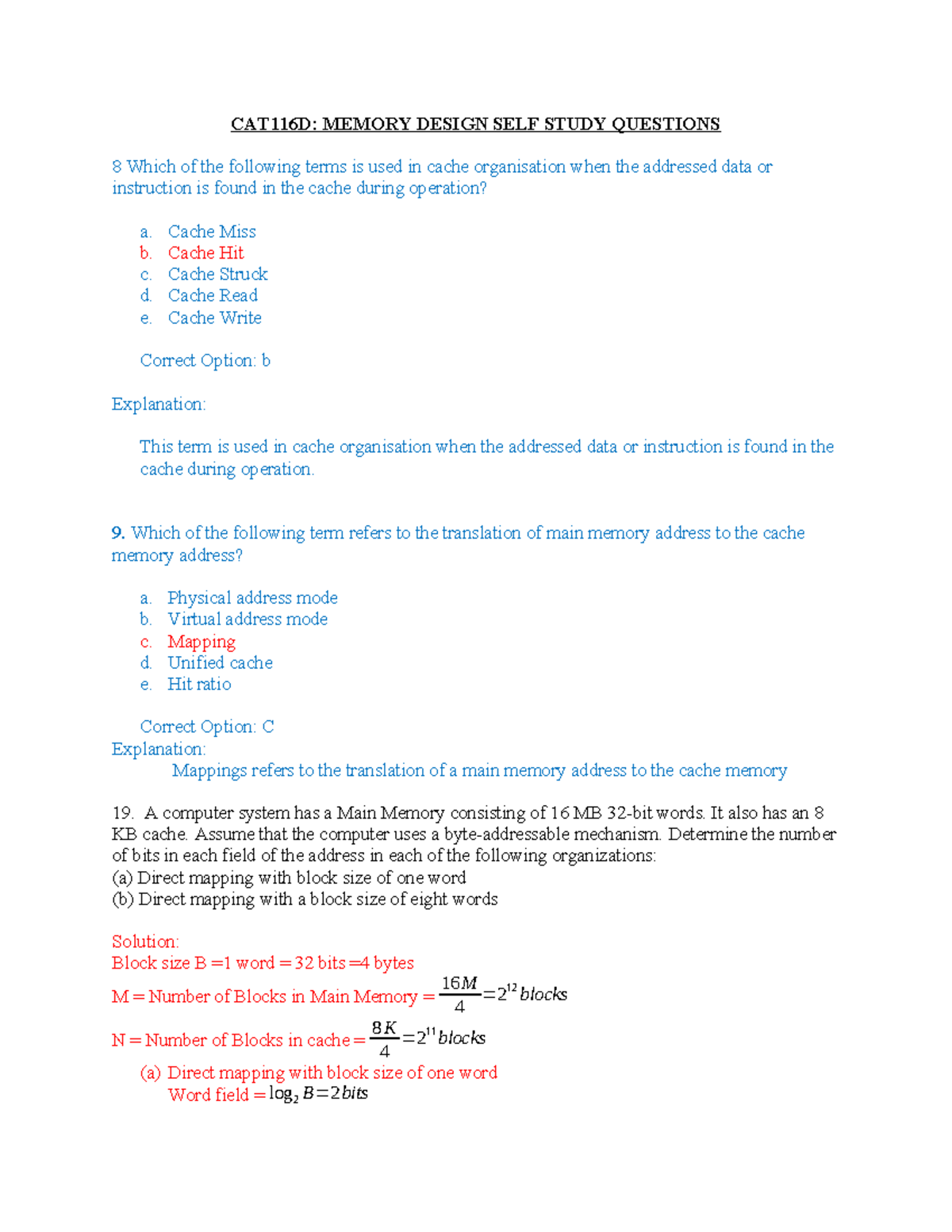 CATF16D- Self Study Questions & Answers - CAT116D: MEMORY DESIGN SELF ...