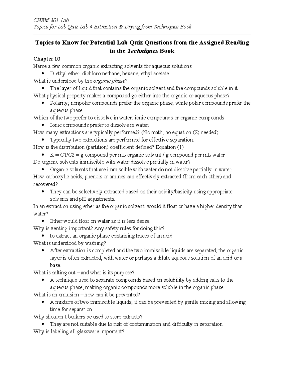 CHEM301 Lab Extraction and Drying Potential Quiz Questions Ch10 and 11 ...