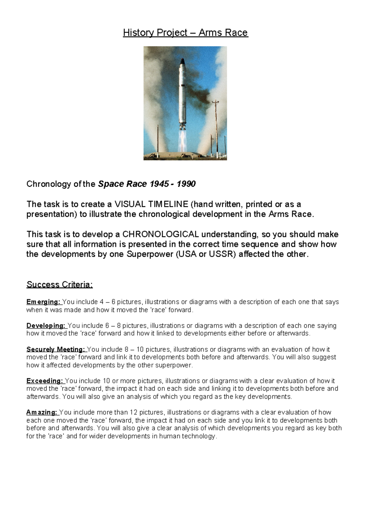 Arms Race Task and Success Criteria Sheet - History Project – Arms Race ...