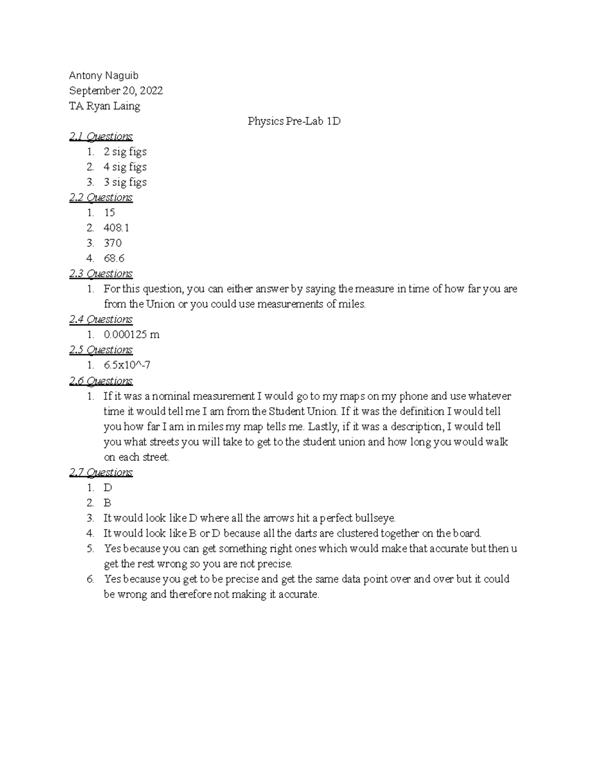 Physics Pre-Lab 1 - Antony Naguib September 20, 2022 TA Ryan Laing ...
