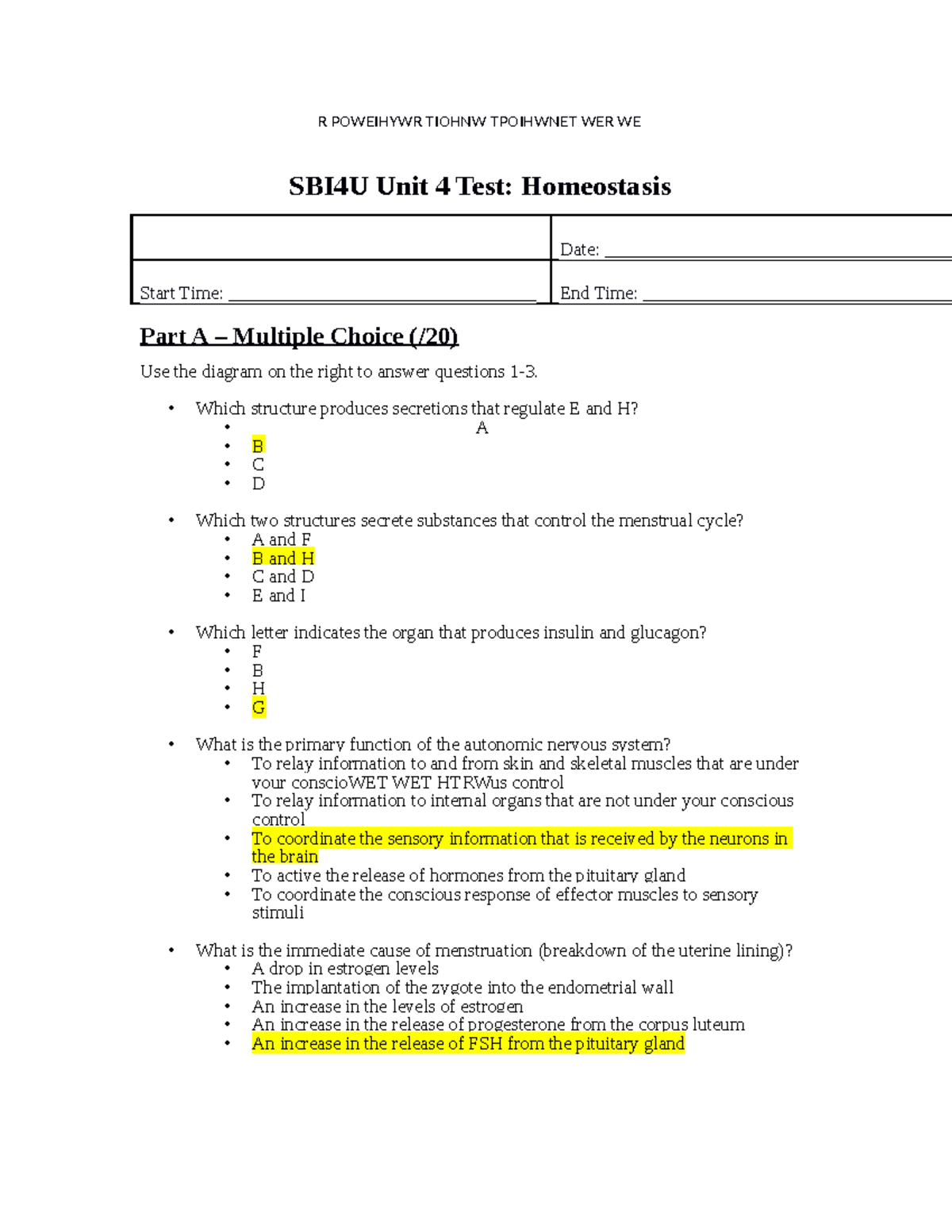 SBI4U Test 4 v6 - Bio Grade 12 - R POWEIHYWR TIOHNW TPOIHWNET WER WE ...