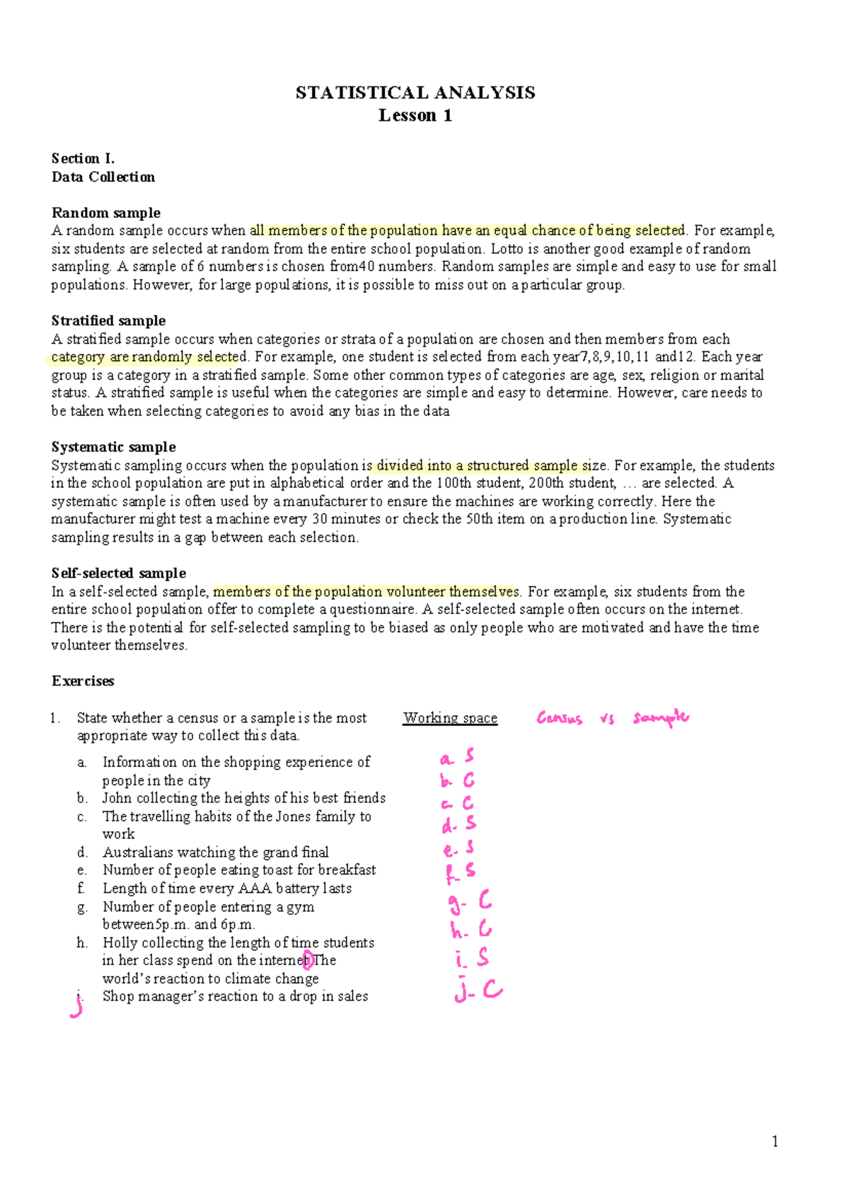 Stats - Lesson 1 [Worked] - STATISTICAL ANALYSIS Lesson 1 Section I. Data Collection Random ...