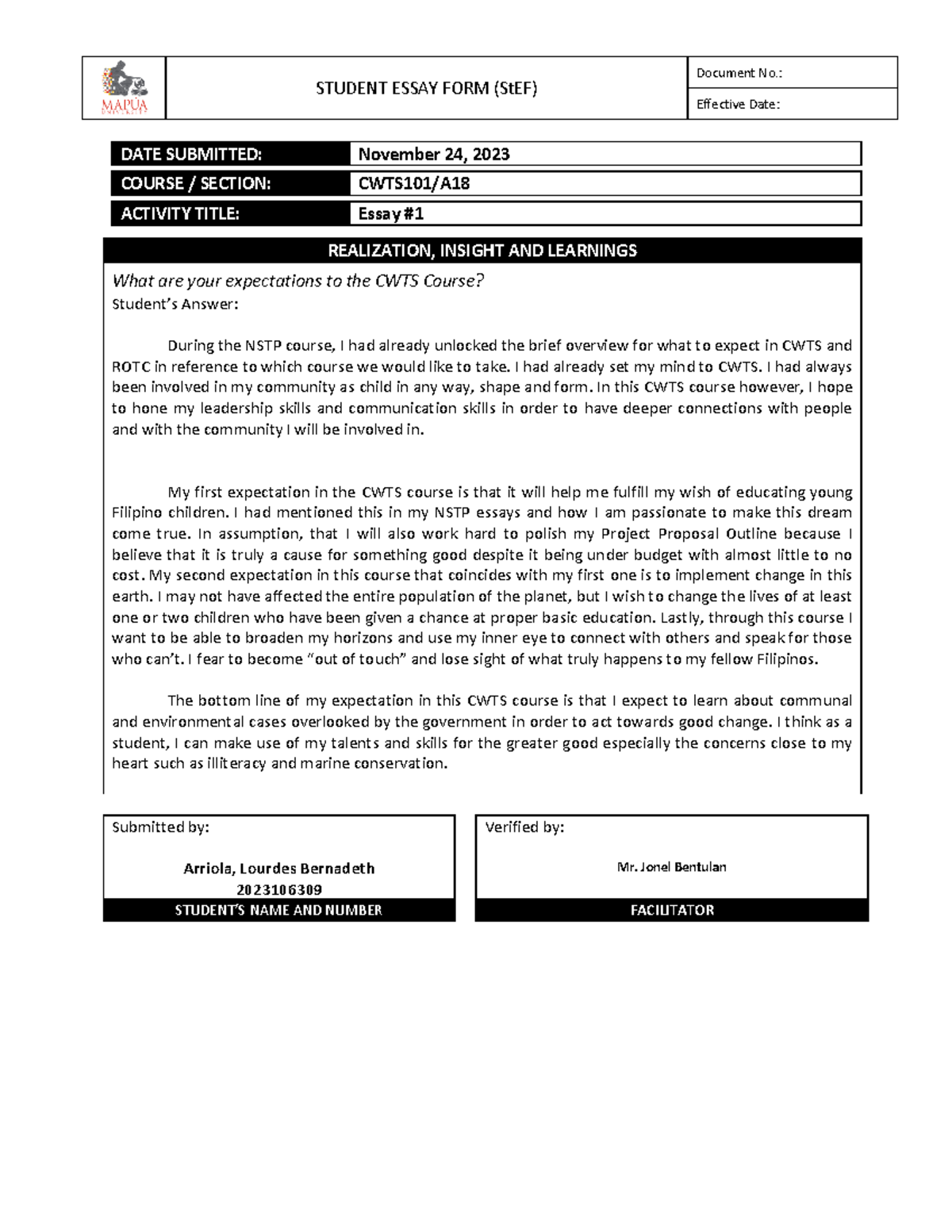 Form - CWTS101 Essay #1 - aaaaaaaaaaaaaaaaaaaa - STUDENT ESSAY FORM ...