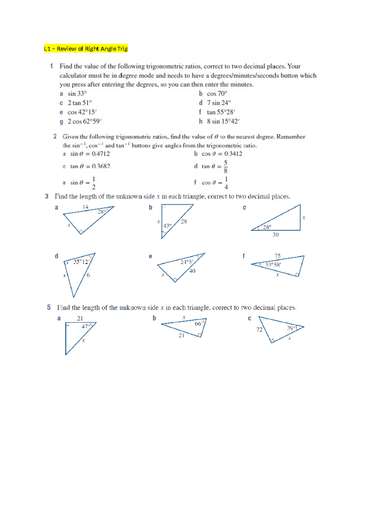 Trigonometry Booklet - maths trig questions - L1 – Review of Right ...