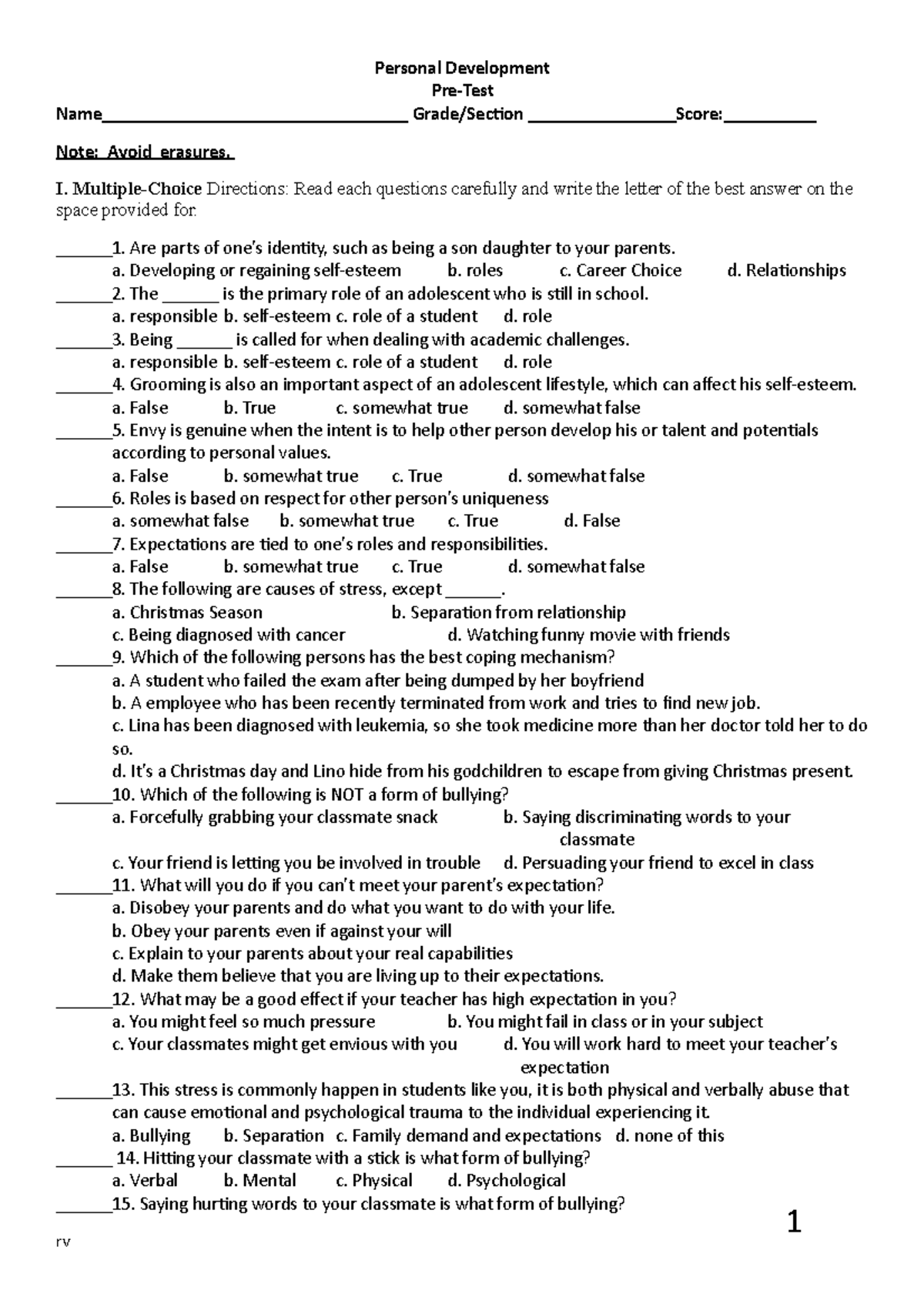 Exam perdev pre finals - Personal Final - Personal Development Pre-Test ...