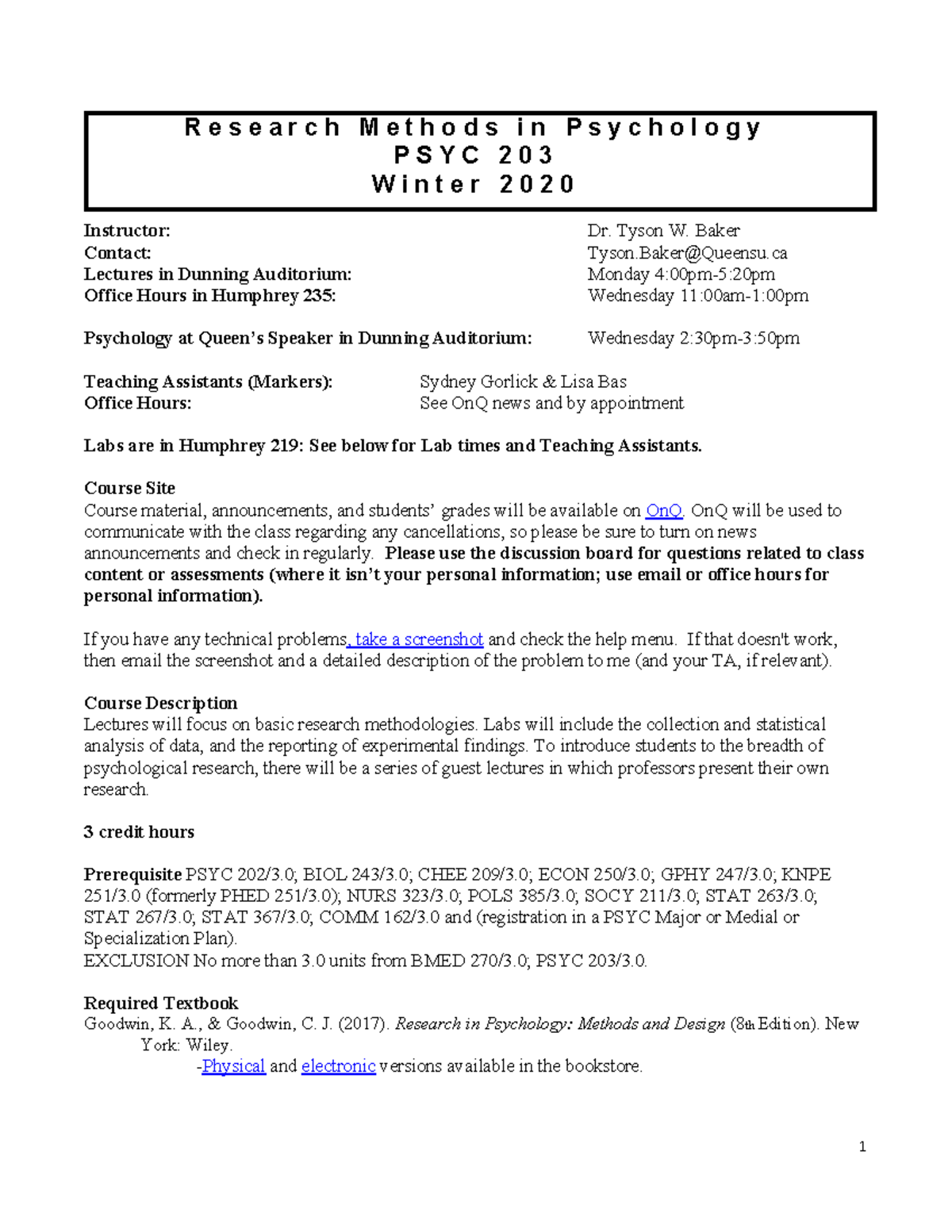PSYC 203 Research Methods in Psychology Winter 2020 Syllabus Baker ...