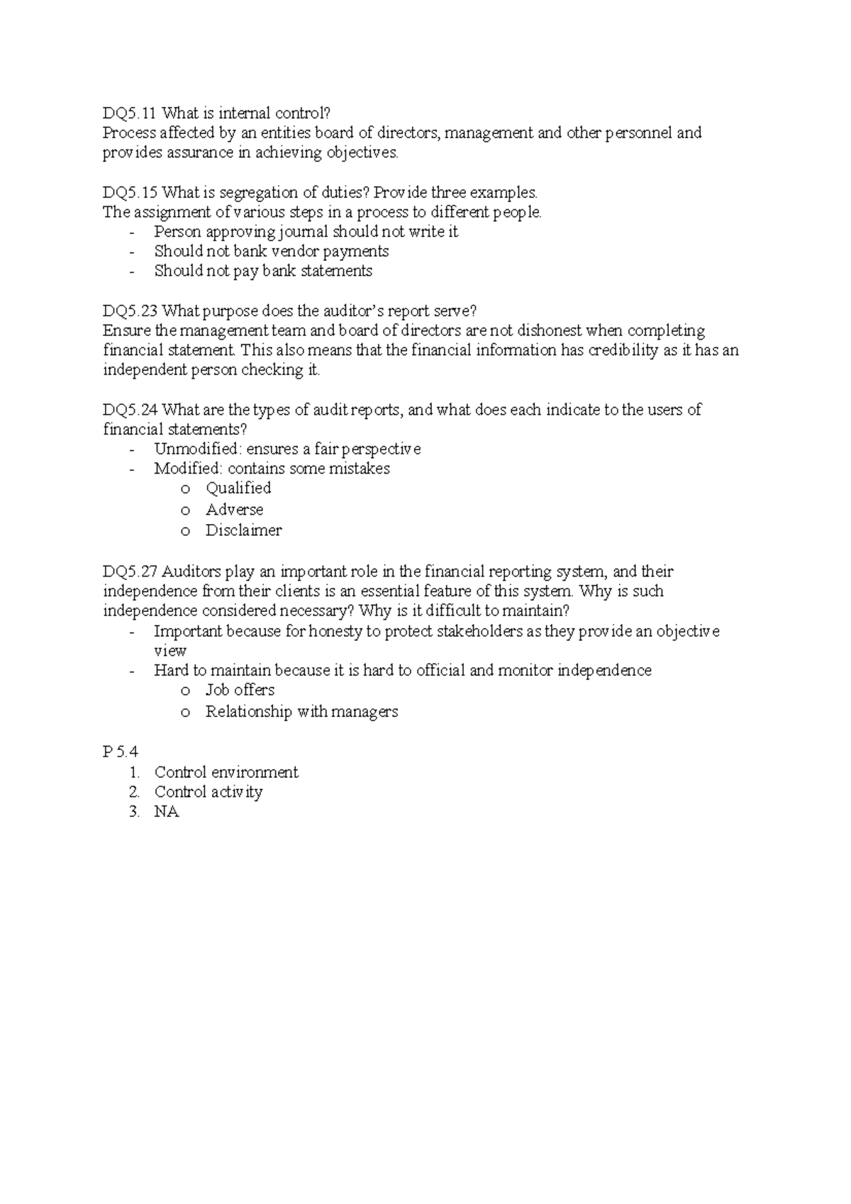 Week 7 Tutorial Questions DQ5 What Is Internal Control Process