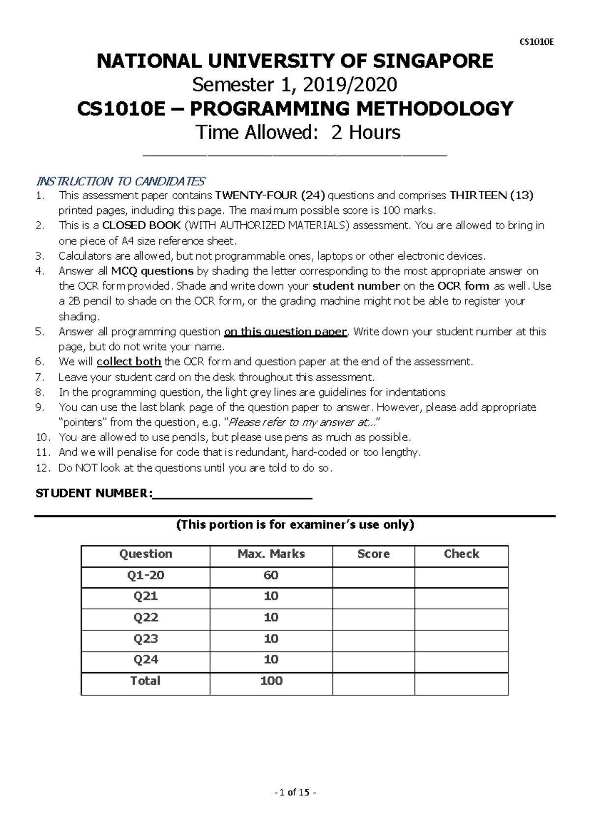 CS1010E final 1920S1-Sample-Solution - NATIONAL UNIVERSITY OF SINGAPORE Semester 1 , 201 9 /20 ...