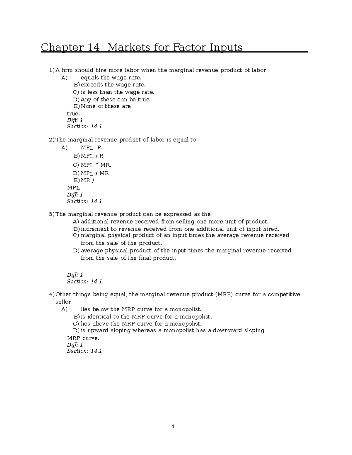 CHAPTER 14 Markets for Factor Inputs - 1 Chapter 14 Markets for Factor ...