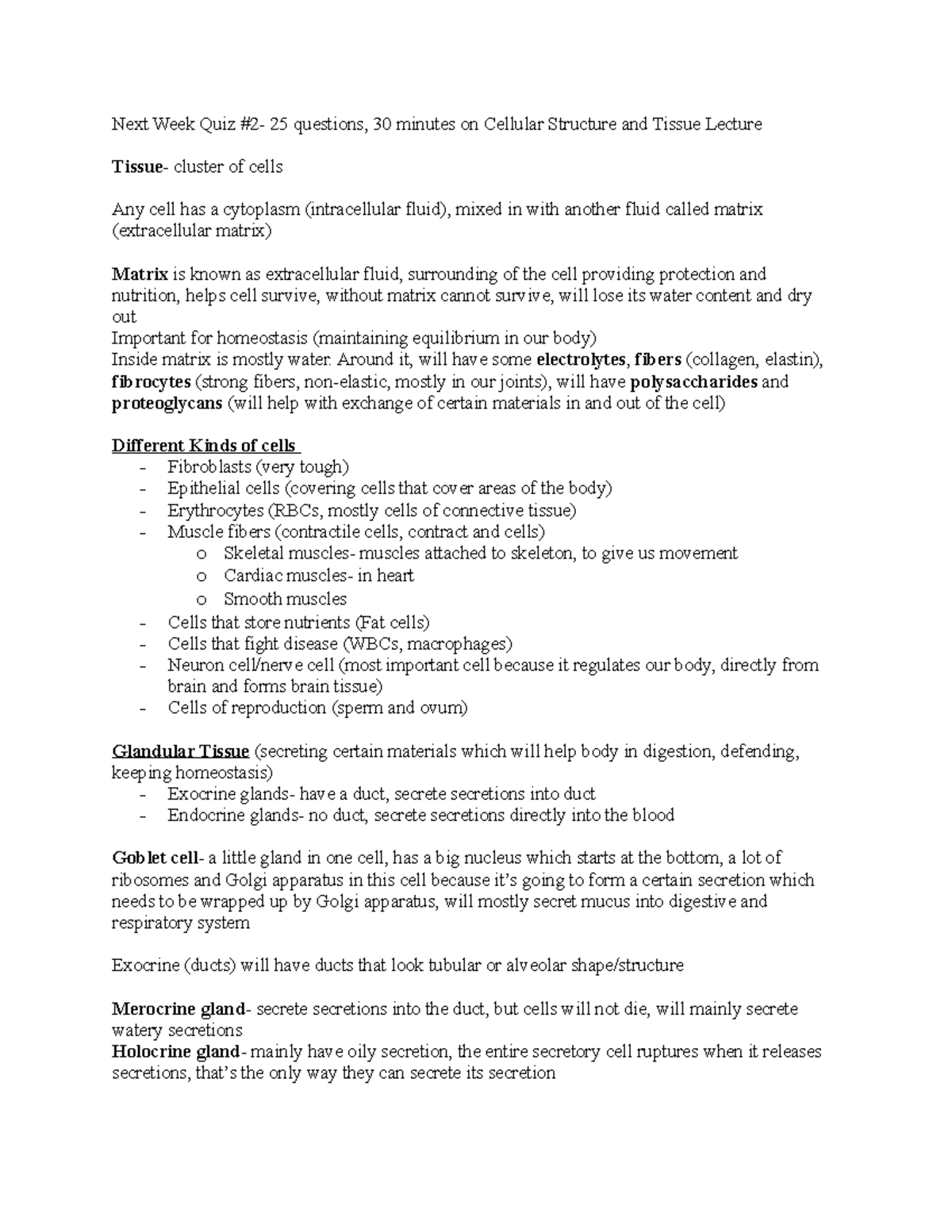 Lecture 4 Tissues Notes Next Week Quiz 2 25 Questions 30 Minutes On Cellular Structure