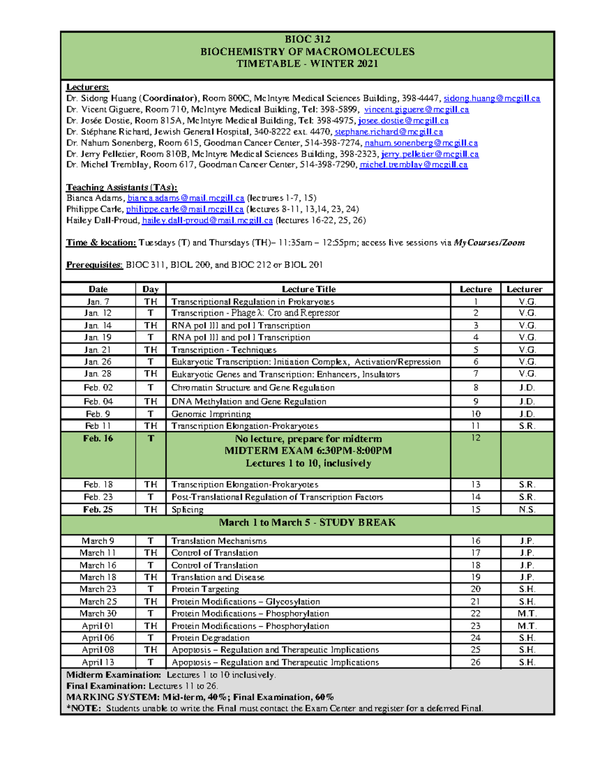 BIOC 312 Timetable Winter 2021 final - BIOC 312 BIOCHEMISTRY OF ...