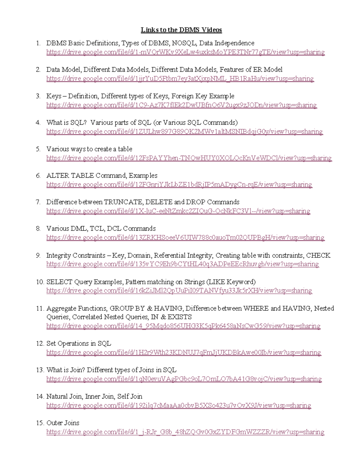 Links to the DBMS Videos - Links to the DBMS Videos DBMS Basic Definitions, Types of DBMS, NOSQL ...