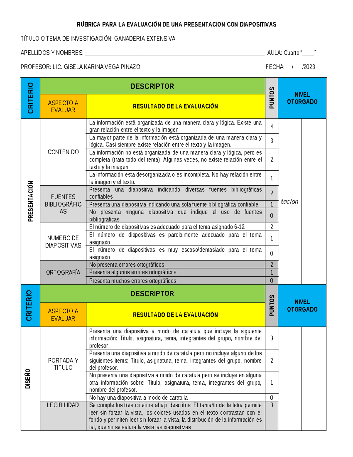 Rubrica PARA Diapositivas - RÚBRICA PARA LA EVALUACIÓN DE UNA ...
