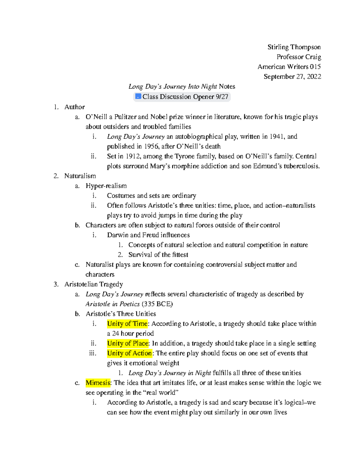 Long Day’s Journey Into Night Notes - Stirling Thompson Professor Craig ...