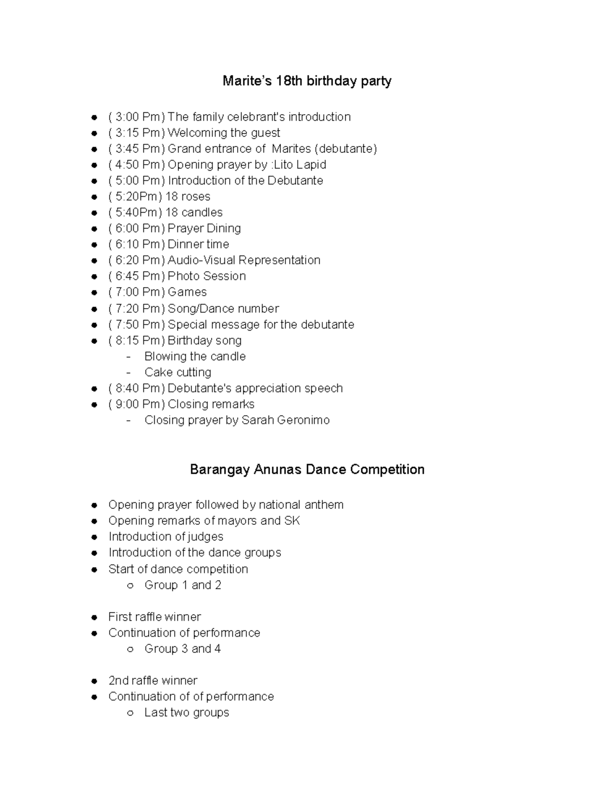 3 Event flow - Marite’s 18th birthday party ( 3:00 Pm) The family ...