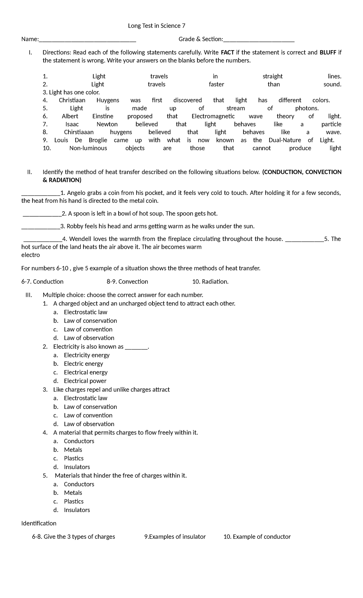 Longtest edited - Long Test in Science 7 Name ...