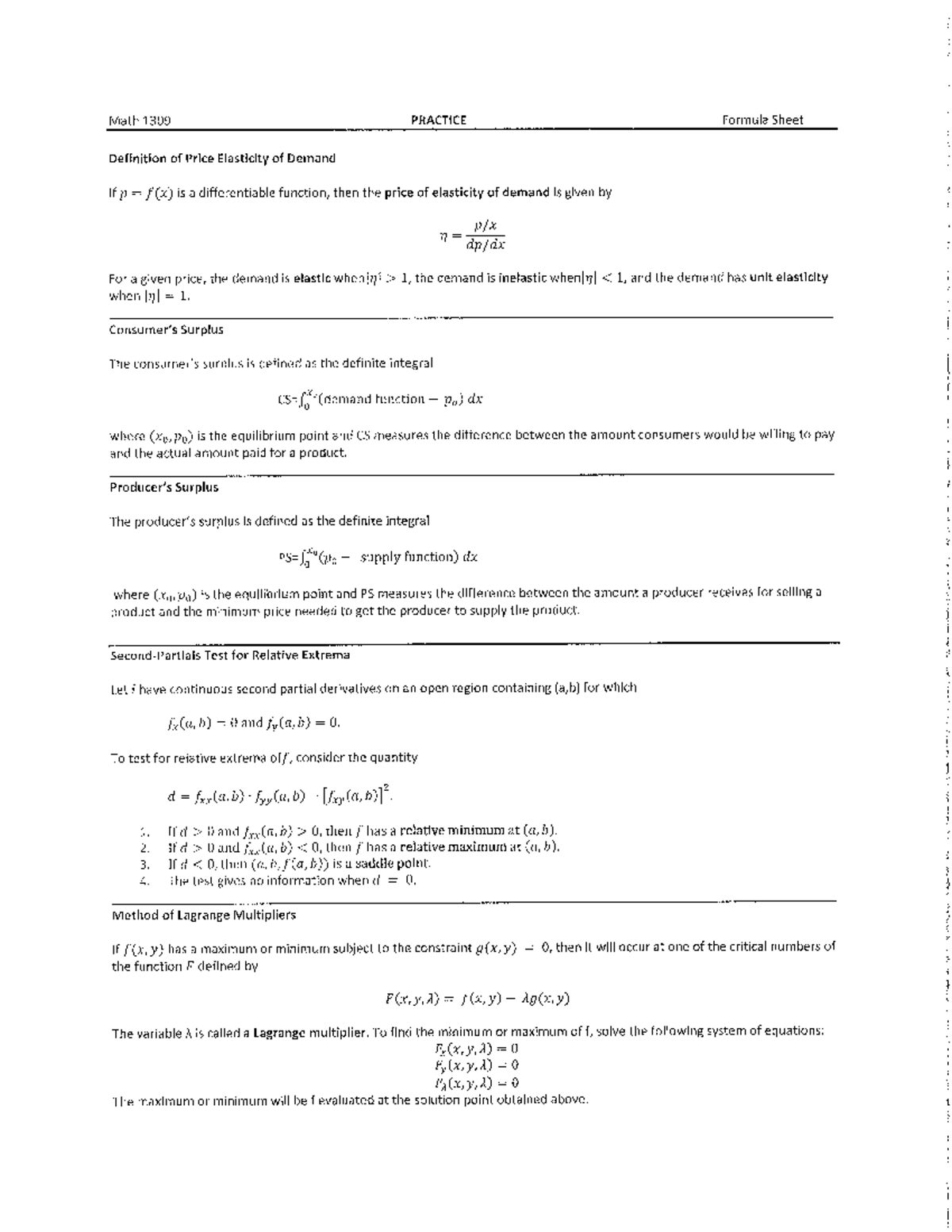 1309finalformula 2019 - Math 1309 PRACTICE Formula Sheet Definition of ...