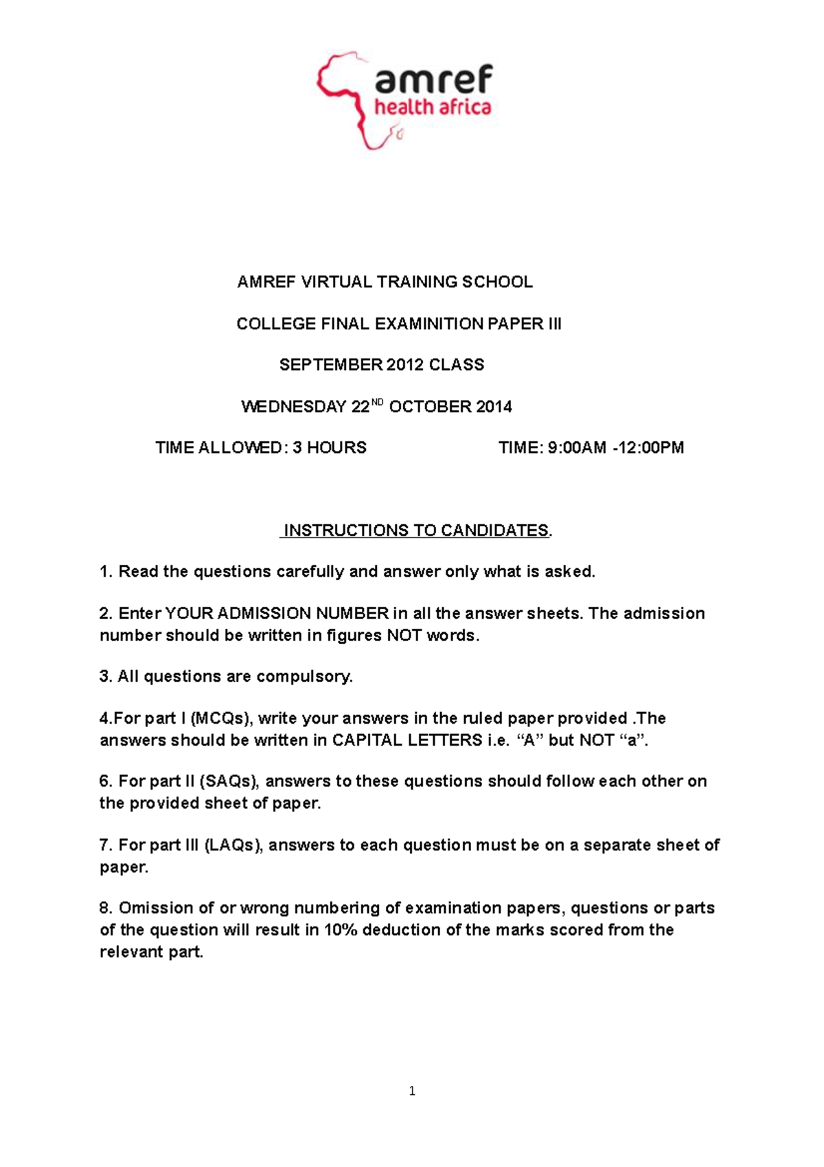 College Final Paper 3-1-1 - AMREF VIRTUAL TRAINING SCHOOL COLLEGE FINAL ...