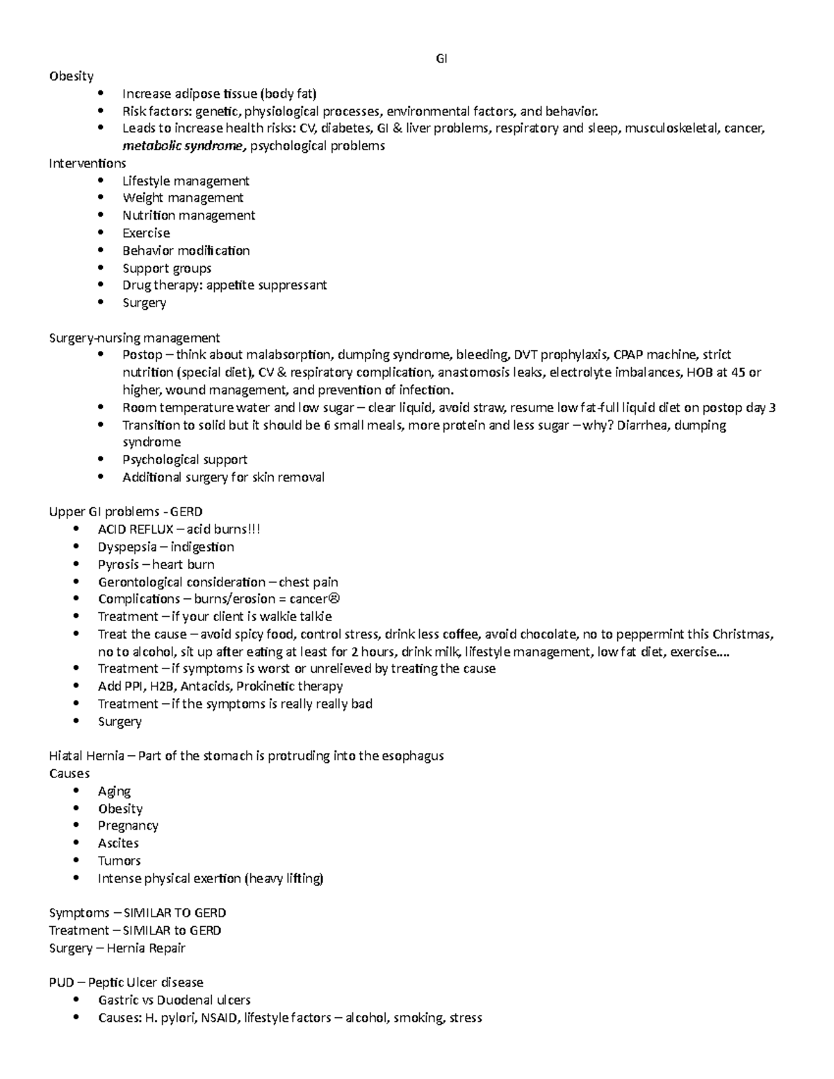 Gastrointestinal Study guide/notes - GI Obesity Increase adipose tissue ...