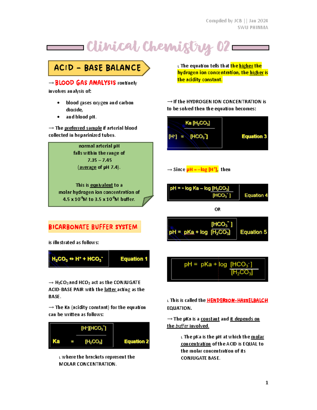 Blood GAS ACID BASE notes - SWU PHINMA Clinical ChemisƘy 02 ACID – BASE ...
