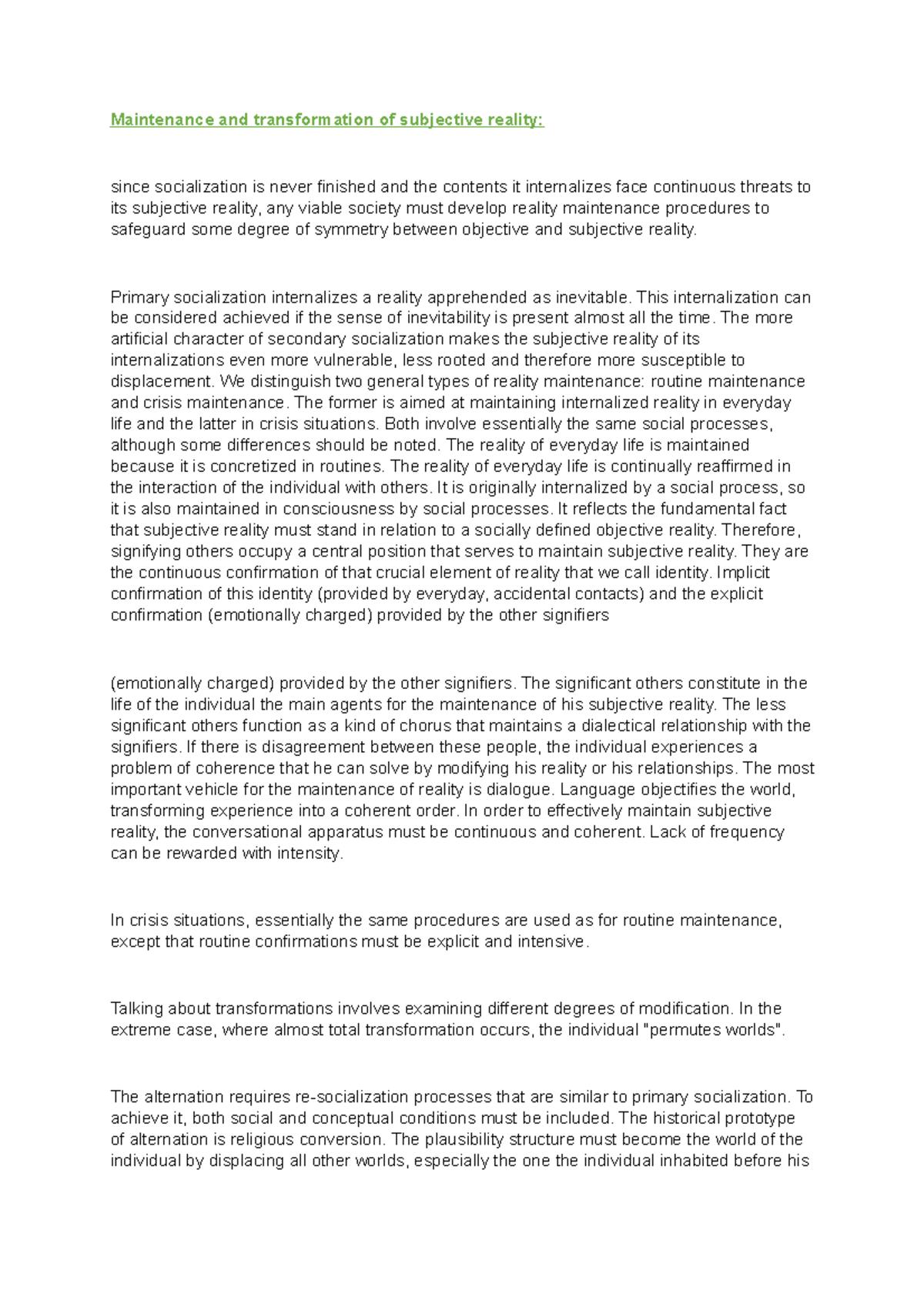 Maintenance and transformation of subjective reality - Primary ...