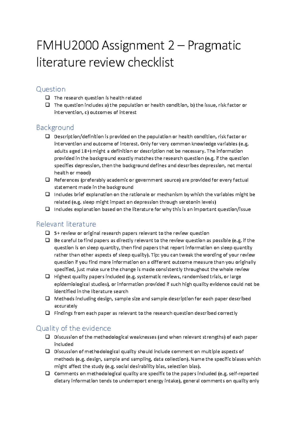Checklist for Assignment 2 - FMHU2000 Assignment 2 – Pragmatic ...