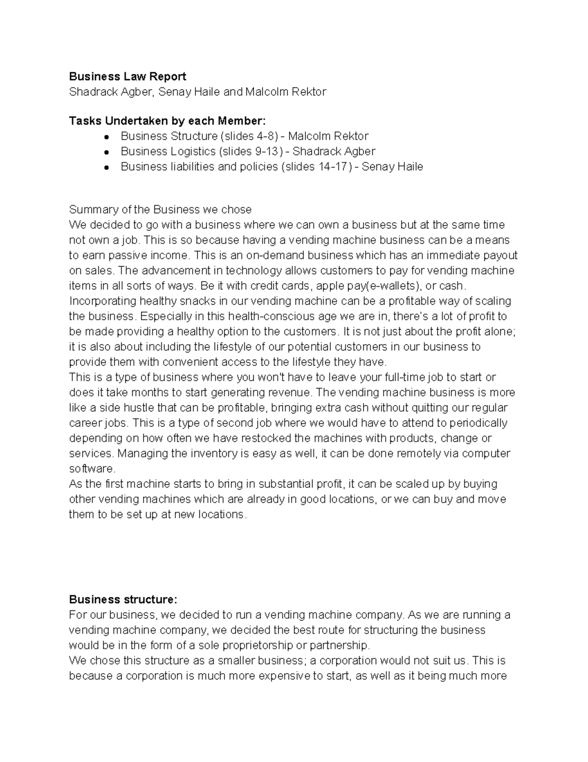 BLAW report - Vending machine business - Business Law Report Shadrack ...