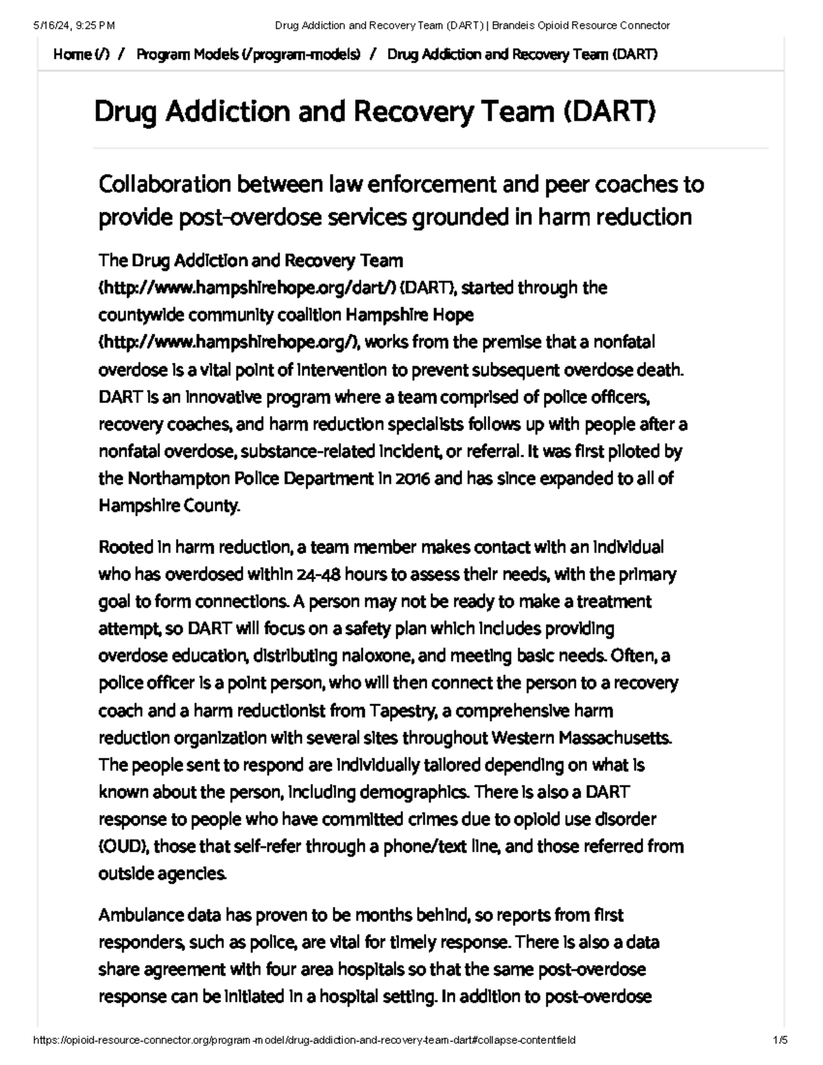 Drug Addiction and Recovery Team (DART) Brandeis Opioid Resource ...
