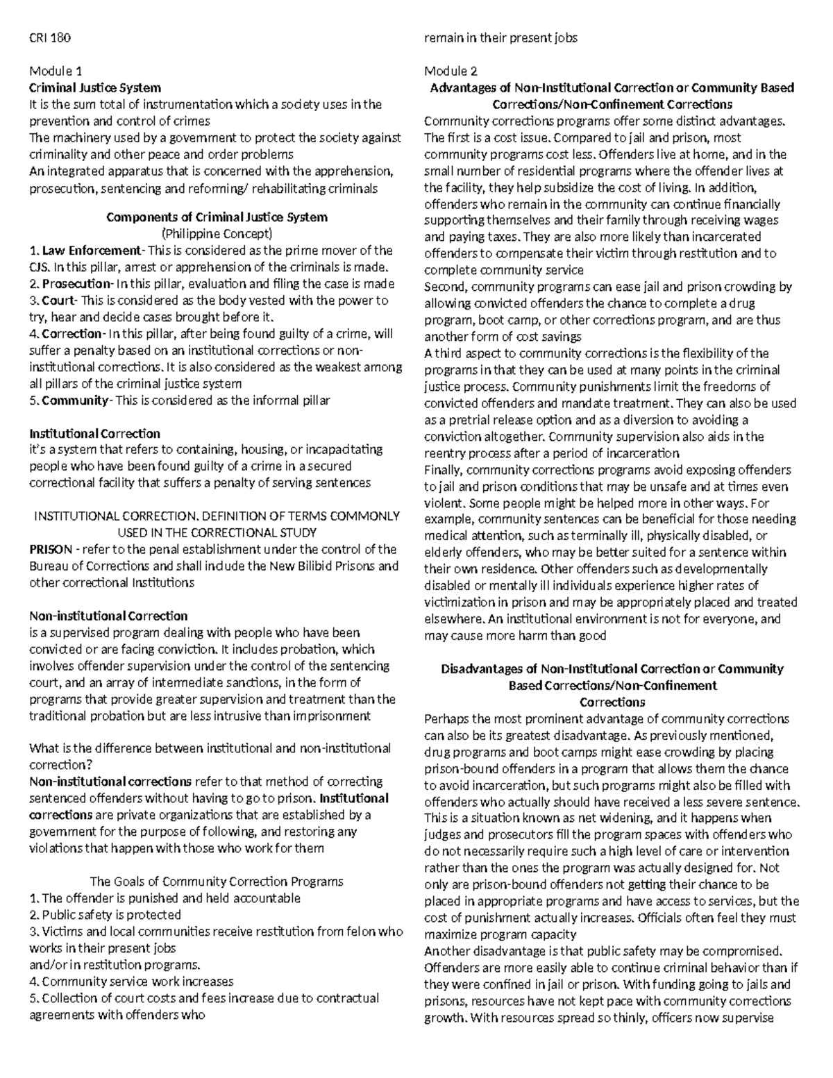 CRI 180 M10 - goodluck - CRI 180 Module 1 Criminal Justice System It is ...