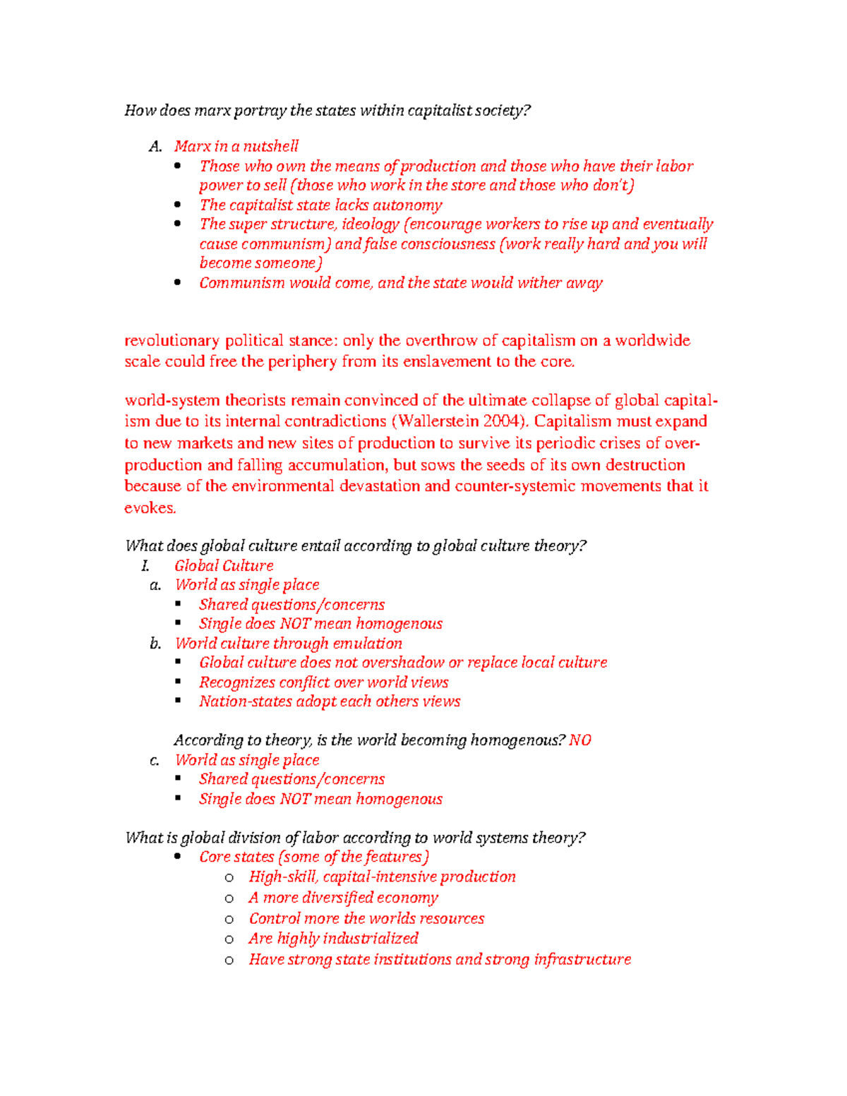 Questions for exam 1 - How does marx portray the states within ...